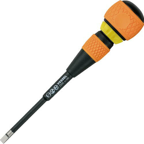 特長：ボールグリップドライバーにラチェット機構を搭載しました。コンセント等の速結端子に使えるマイナス刃先です。片手で高速締付ができ、持ち替えの手間がなく、高所での作業に最適です。軸部のみ取外して交換できます。(替え軸 No.2200B)ラチ...
