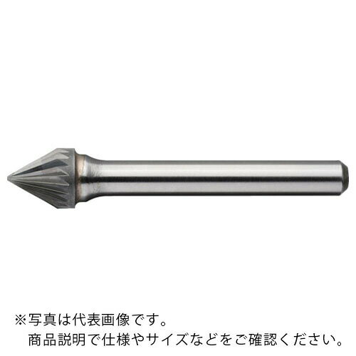 特長：シャンク径6mmの超硬バーです。最も一般的に使用されている形状です。スパイラルカットに比べて、切削抵抗が小さく、排出される切粉の形状が粉状になります。チャタリング（ビビリ）を最小限に抑えることができます。仕様：形状：円錐60°(クロス...