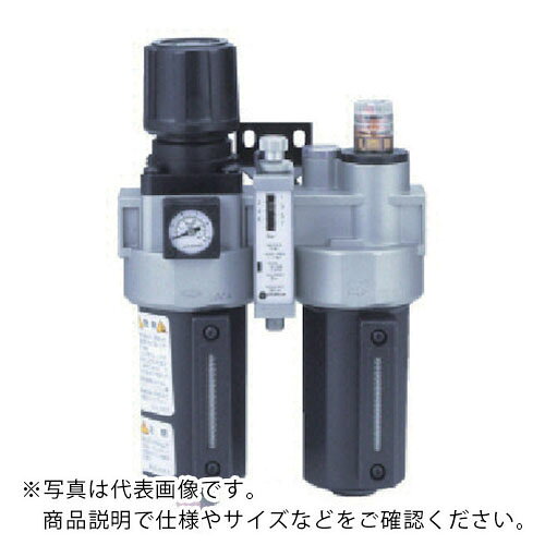 特長：エアフィルター、レギュレータ、ルプリケータ機能を専用アタッチメントで接続したモジュラタイプのユニットです。金属ボトルを標準装備。圧力計、プラケットを標準装備。圧力スイッチ付きです。用途：圧縮空気のゴミ・水分を除去し、圧力を調整し、潤滑...