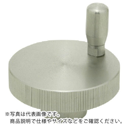 特長：めねじ貫通穴（めねじサイズ：8mm）加工品です。仕様：ハンドル径(mm)：50ボス径(mm)：22センター穴径(mm)：5センター穴深さ(mm)：15ハンドル　小型ステンレスハンドル車(加工付)材質／仕上：ハンドル車：ステンレス(SU...