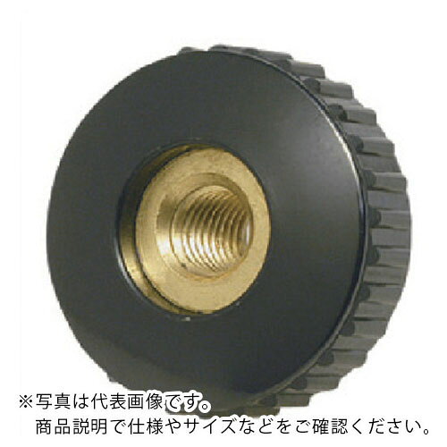 特長：外周ローレットが操作性を向上させます。仕様：外径(mm)：31ノブ高さ(mm)：18ねじ径：M10×1.5ねじ穴深さ(mm)：15材質／仕上：ノブ：フェノール樹脂 ブラックタップ穴：黄銅(C3604B)注意：北海道・沖縄運賃1500円...