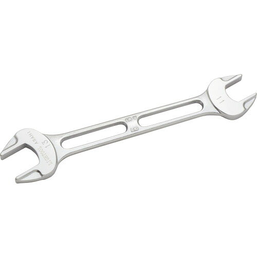 特長：メーカー比で20％以上軽量化するとともに省資源を目指した工具です。JIS S級です。用途：ネジの締結作業。長時間にわたる作業。仕様：二面幅寸法(mm)：11×13全長(mm)：130板厚(mm)：5.4JIS S級材質／仕上：クロムバ...