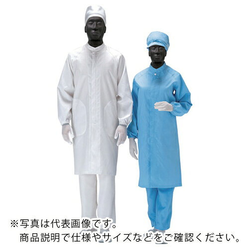 特長：男女共用コートのクリーンウエアです。用途：作業者からの発塵とESD防止対策。仕様：色：ブルーサイズ：M着丈(cm)：106適合胸囲(cm)：113Fed.Std.209d クラス10000対応帯電防止仕様：IEC 61340-5-1に...
