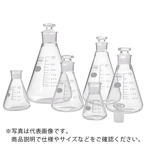 特長：耐熱性、化学的特性に優れた高品質な耐熱ガラスを使用したフタ付三角フラスコです。用途：試薬の撹拌に、保存用。仕様：容量(ml)：500目盛間隔(ml)：50外径(mm)：108高さ(mm)：184首外径(mm)：37色：透明口部大径(m...