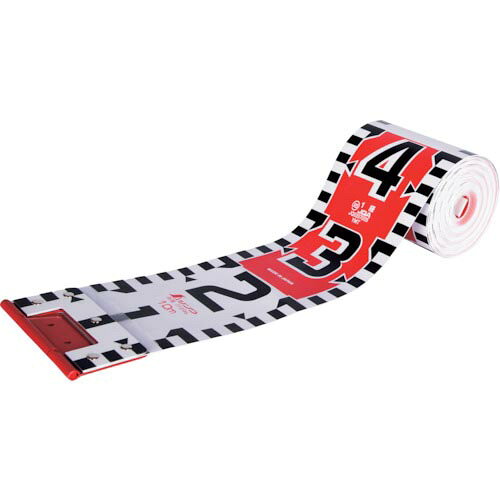 特長：伸縮性の少ない塩化ビニールとガラス繊維でできたテープです。写真写りが良い目盛数字を採用しています。固定に便利な金具付きです。先端まで両サイド目盛がついています。用途：現場撮影時の基準として。仕様：全長(mm)：10000幅(mm)：1...