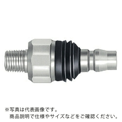 特長：空気工具・機器類のホース接続用首振りプラグです。手元角度が自由自在（屈曲範囲70°）になるので、狭い場所や上向きの作業でも工具類が楽に使用できます。屈曲部を潤滑性樹脂で補強しているため、屈曲動作は滑らかで、耐久性に優れています。ゴミ、...