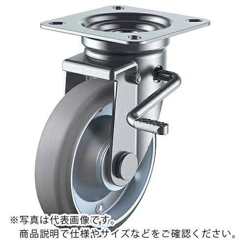 特長：標準的な大型キャスターで、重量物の運搬に数多く使用されています。走行性に優れ、床面に走行跡を残しにくいグレーゴム車輪を使用しています。用途：重量物の運搬に。仕様：車輪径D(mm)：100タイプ：自在式(ストッパー付)許容荷重(daN)...