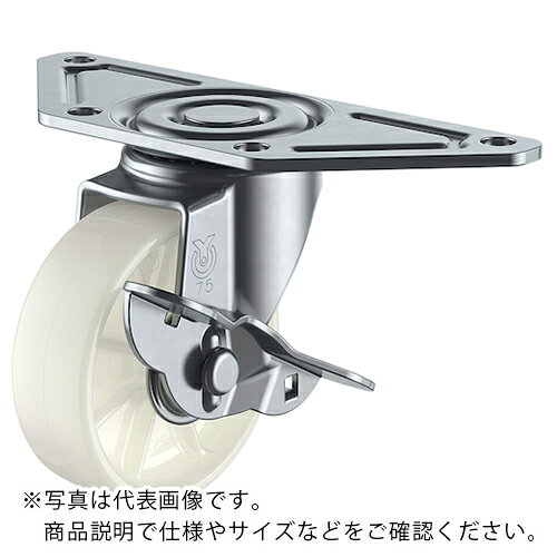 特長：走行性・耐荷重を備えた標準的な小型キャスターです。様々なコーナーへの取付に適しています。耐摩耗性に優れたナイロン車輪を使用しています。用途：台車や家具、什器などに。仕様：車輪径D(mm)：100タイプ：自在式(ストッパー付)許容荷重(...