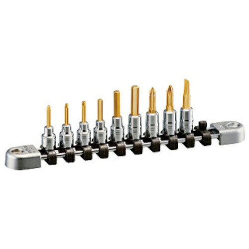特長：ネプロス 6.3sq. ソケットホルダーにセットしたビットソケットセットです。TIN(チタン)コーティングにより耐摩耗性を向上しています。六角二面幅3mm以下のサイズは丸軸設計を採用。優れた剛性を実現しました。差込角部にはKTC独自の...