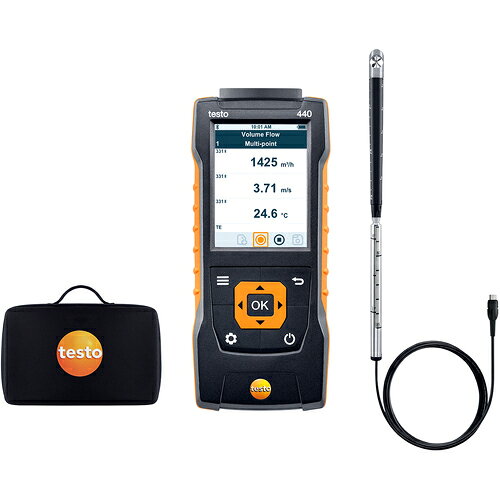 特長：testo440本体と熱線式風速プローブのセットで、風速、温度を測定し、風量を演算します。風速プローブはスタンダードな固定ケーブルタイプで、微〜低風速域で高精度の測定結果を表示します。最長0.85mまで伸ばせるロッドにはスケールが刻ま...
