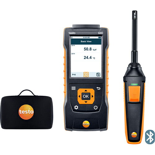 特長：testo440 本体と熱線式風速プローブのセットで、風速、温度を測定し、風量を演算します。風速プローブはスタンダードな固定ケーブルタイプで、微〜低風速域で高精度の測定結果を表示します。最長0.85 mまで伸ばせるロッドにはスケールが...