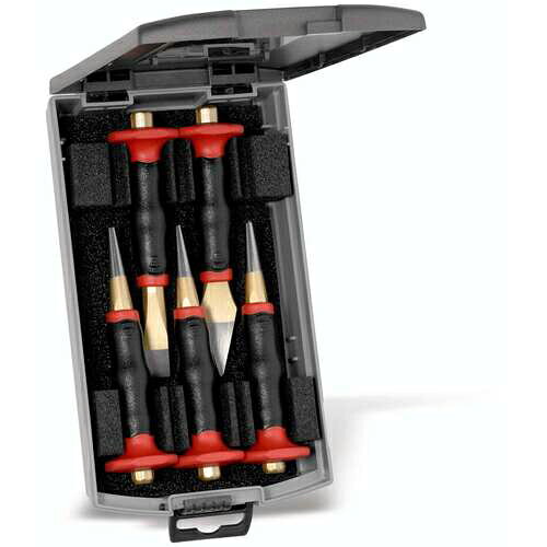 特長：高品質の鋼材を使用した、チゼルセットです。抜群の耐久性と高い作業性を発揮します。ハンドガードは握りやすさの向上と打ち損じ時のケガの防止に役立ちます。用途：鉄板や石の切断、ハツリ作業など。仕様：セット内容(点)：5ハンドガード付材質／仕...