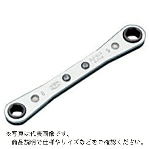 特長：強力な板バネにより”カチッ””カチッ”と小気味よい連続音を発し、ラチェット作業ができます。頭部は薄型、めがね形状で狭い所の作業に適しています。送り角度は20°です。仕様：対辺寸法(mm)：10×12全長(mm)：150厚さ(mm)：1...