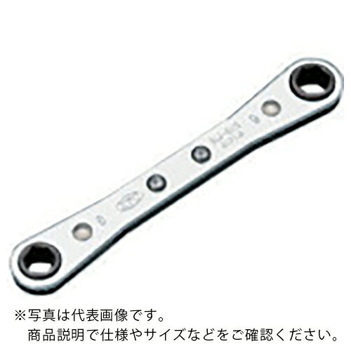 特長：強力な板バネにより”カチッ””カチッ”と小気味よい連続音を発し、ラチェット作業ができます。頭部は薄型、めがね形状で狭い所の作業に適しています。送り角度は20°です。仕様：対辺寸法(mm)：8×10全長(mm)：120厚さ(mm)：10...