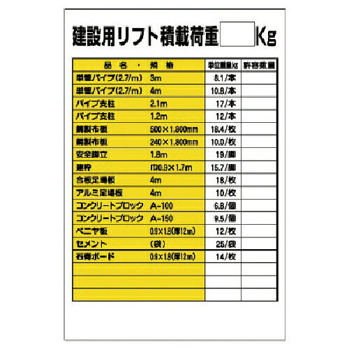 特長：工事リフトの積載荷重制限に関する注意喚起標識です。用途：工事現場での建設用リフト積載荷重の注意喚起表示に。仕様：表示内容：建設用リフト積載荷重○kg縦(mm)：900横(mm)：600厚さ(mm)：1.2摘要：穴6材質／仕上：再生ポリ...