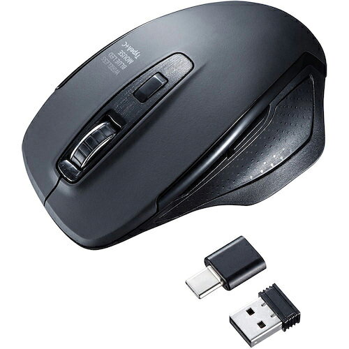 特長：USB　A、Type-Cの2個のレシーバーがついたワイヤレスマウスです。2つのパソコンを切り替えてつかえる便利なマウスです。すすむボタンより戻るボタンを大きくしており戻るボタンが押しやすいデザインです。赤色の光学式より感度の高い青色L...