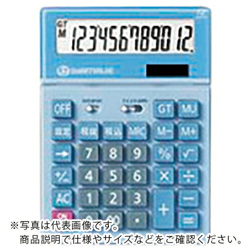特長：大きな表示です。卓上から持ち運びまでカバーする電卓です。仕様：桁数：12色：ブルー表示数字(高)：20mm規格：大型1箱入数：5台外形寸法：幅140×奥194×高28mm電源(V)：太陽電池＋内蔵電池（LR44×1）保証期間：1年間表...