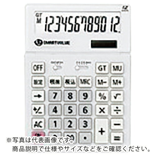 特長：大きな表示です。卓上から持ち運びまでカバーする電卓です。仕様：桁数：12色：ホワイト表示数字(高)：20mm規格：大型1箱入数：5台外形寸法：幅140×奥194×高28mm電源(V)：太陽電池＋内蔵電池（LR44×1）保証期間：1年間...
