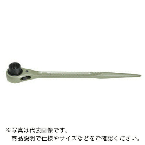 特長：ソケットが片側のみで薄く狭所でも使えます。ハンドル先端は、鉄骨の穴合わせやワイヤロープの広げができます。用途：六角ボルト・ナットなどの締め付けけに。仕様：対辺寸法(mm)：30片口ラチェットレンチ　30