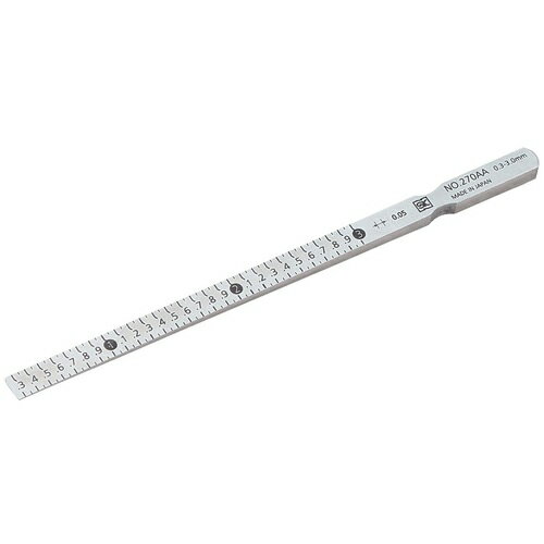 特長：厚さのテーパーを利用してすき間測定を行うゲージです。携帯に便利なプラスチックケース入です細幅(6mm)タイプ。高さ調製治具としても使用できます。反射しにくいシルバー仕上です。用途：溝・すき間などの測定に。仕様：長さ(mm):127.5...
