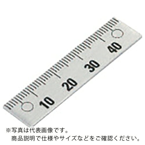 特長：上側目盛りゼロ位置：左端仕様：全長(mm)：100幅(mm)：12厚さ(mm)：0.5呼び寸法(mm)：100測定範囲：90貫通穴（個）：0接着タイプ目盛り：1mmピッチ目盛り彫り込み(エッチング加工)材質／仕上：アルミ(A1050P...