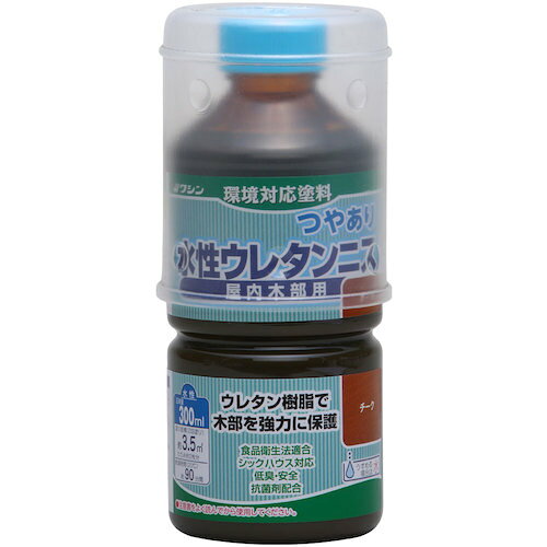 特長：耐久性があり、低臭で安全な扱いやすい屋内用ニスです。臭いが少なく、扱いやすい水性塗料です。乾くと固い塗膜ができるので、棚など実用的なものに使えます。完全に乾いた後であれば、水拭きすることもできます。建築基準法（F☆☆☆☆）対応塗料です...