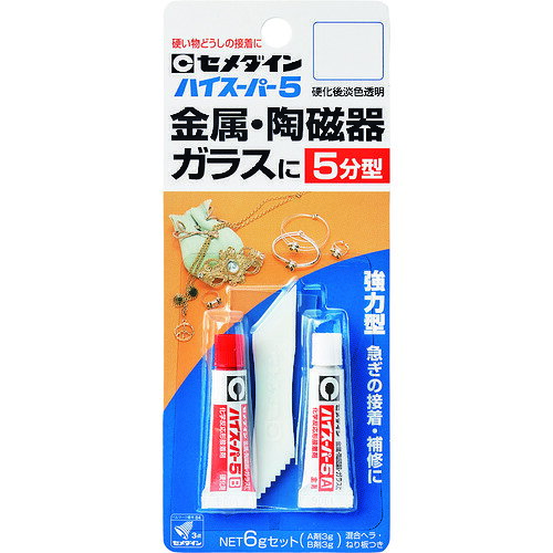 特長：硬質材料に最適です。耐熱性、耐水性、耐薬品性に優れます。混合して5分後から硬化が始まります（23℃）。主剤を青色に着色しており、混合が完了すると青色が消えます。耐水性、耐熱性に優れた、5分で硬化し始めるタイプのエポキシ系接着剤です。硬...