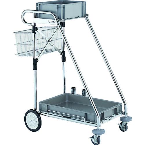 特長：清掃に必要な用具をまとめて載せられる運搬カートです。仕様：幅(mm)：516奥行(mm)：820高さ(mm)：1033キャスター径(mm)：前輪75、後輪200組立式折りたたみタイプ材質／仕上：フレーム：φ22.2mmスチールパイプに...