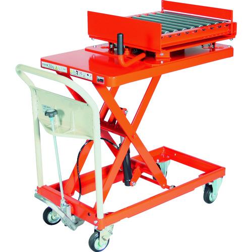 特長：ターンテーブル付です。（360度回転・45度ごとストッパー）ローラーコンベア付です。レリーズハンドルにスプリングバック機構を付けました。緊急時に手を放すだけで下降が停止します。用途：金型などの運搬・昇降など。仕様：均等荷重(kg)：2...