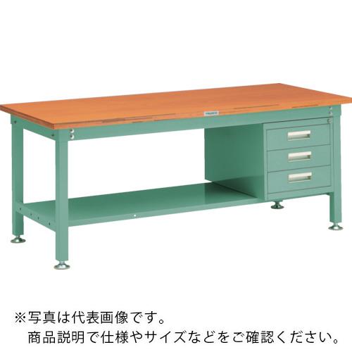 特長：3段キャビネットと下棚2枚が付いており、収納、整理に便利です。主要部溶接構造で耐久性に優れています。脚部はグリーン色です。アジャスターとの交換により簡単にキャスター付にシステムアップが可能です。仕様：天板材質：スチール間口(mm)：1...