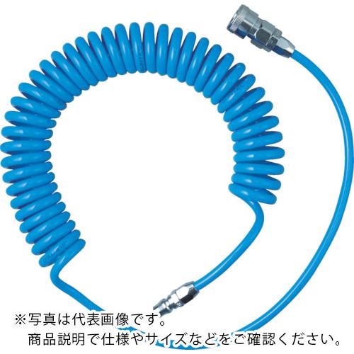 特長：高弾性のポリウレタン樹脂チューブをスパイラル加工した製品のため、折れぐせがつきにくく優れたばね特性をもっています。カップリング付きのためエア工具との脱着がスムーズです。耐摩耗性、耐久性に優れています。仕様：色：青外径(mm)：8内径(...