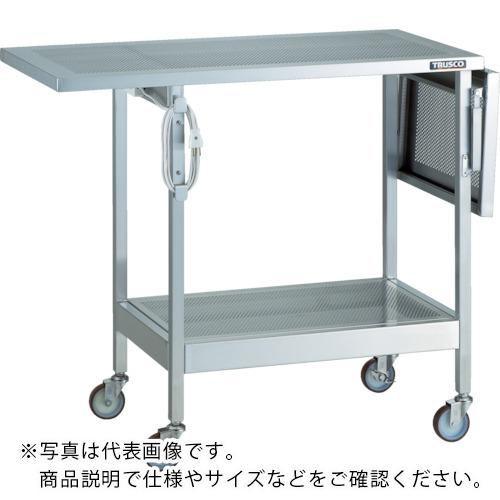 特長：キャスター付で簡単に移動ができ100Vコンセント付なのでとても便利です。テーブル面がパンチング構造なので埃が溜まりにくくクリーンルームでの使用に最適です。用途：研究施設、クリーンルームなど。仕様：間口(mm)：900奥行(mm)：45...