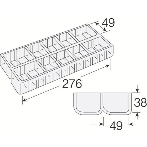 特長：ねじなどの小物部品がとりやすいカーブ付内壁です。B-50各種に使えます。用途・目的により、内箱を交換でき自由な組み合わせが可能です。仕様：1列仕訳数：11等分外形寸法(mm)間口X奥行×高さ：107×280×40長手方向に2分割：1有...