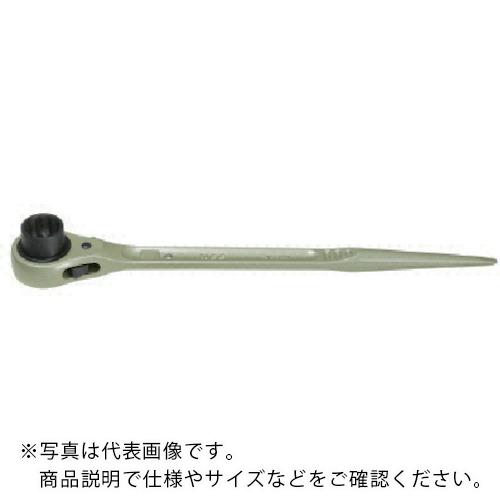 特長：ソケットが片側のみで薄く狭所でも使えます。ハンドル先端は、鉄骨の穴合わせやワイヤロープの広げができます。用途：六角ボルト・ナットなどの締め付けけに。仕様：対辺寸法(mm)：27片口ラチェットレンチ　27