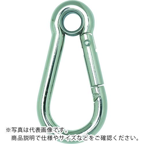 特長：国内製造の高品質なカラビナです。手作業で最終調整をしているので、滑らかな開閉を実現しています。素手にも優しいニッケルメッキ仕上げです。アルミ合金製に比べて耐摩耗性に優れています。用途：チェーン・ワイヤ・ロープなどの連結用フックとして。...
