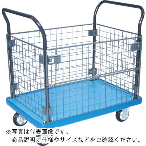特長：金網付で両袖ハンドル緩衝ゴム付です。用途：オフィスや店舗などのピッキング作業に。仕様：均等荷重(kg)：150色：ブルー長さ(mm)：716幅(mm)：436高さ(mm)：162ハンドル高さ(mm)：894キャスター径(mm)：100...