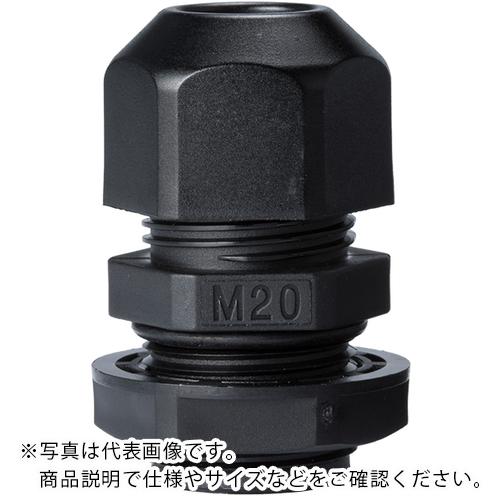 特長：ネジ部がMネジ規格の汎用ケーブルグランドで低価格となっております。仕様：色：ブラック適合電線径(mm)：φ6〜φ12取付穴径(mm)：φ20.2取り付けネジ：M20×1.5使用温度範囲：-20℃〜80℃保護等級：IP67相当材質／仕上...