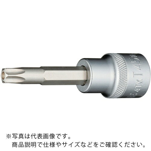 特長：いじり防止タイプです。早回しに便利なローレット加工仕上げです。用途：T型トルクスねじの締付け、緩め作業用。仕様：呼びNo.：T45先端寸法(mm)：7.77差込角(mm)：12.7全長(mm)：74材質／仕上：構造用鋼注意：インパクト...