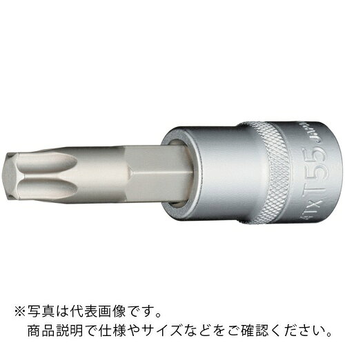 特長：強力タイプです。早回しに便利なローレット加工仕上げです。用途：T型トルクスねじの締付け、緩め作業用。仕様：呼びNo.：T55先端寸法(mm)：11.17差込角(mm)：12.7全長(mm)：74ビット長さ(mm)：39材質／仕上：構造...