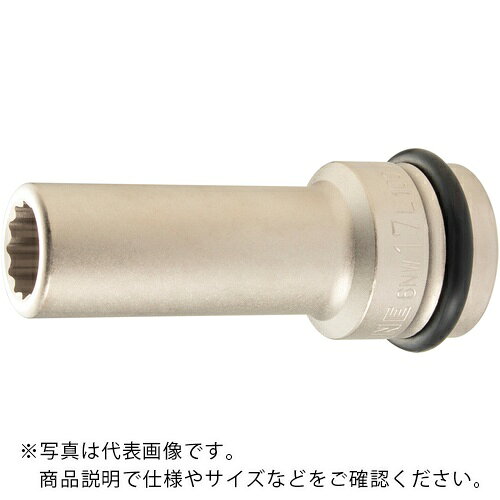特長：外観品質と防錆力の向上を図った無電解メッキ仕様のインパクト用ロングソケットです。12角タイプです。用途：ボルト・ナットの締付け・緩め作業用。仕様：差込角(mm)：19.0対辺寸法(mm)：17全長(mm)：100対辺形状：12角適合ピ...