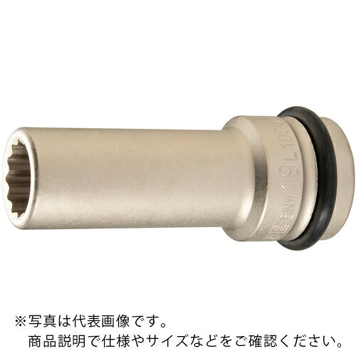 特長：外観品質と防錆力の向上を図った無電解メッキ仕様のインパクト用ロングソケットです。12角タイプです。用途：ボルト・ナットの締付け・緩め作業用。仕様：差込角(mm)：19.0対辺寸法(mm)：19全長(mm)：100対辺形状：12角適合ピ...