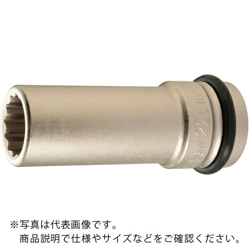 特長：外観品質と防錆力の向上を図った無電解メッキ仕様のインパクト用ロングソケットです。12角タイプです。用途：ボルト・ナットの締付け・緩め作業用。仕様：差込角(mm)：19.0対辺寸法(mm)：22全長(mm)：100対辺形状：12角適合ピ...