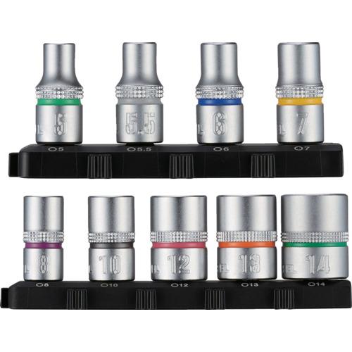 特長：全長25mm指先で回せるローレットサイズがわかるカラーコード連結ホルダー(サイズ表示付き)用途：各種ボルト・ナット締め緩め作業に仕様：シャンク径(mm)：6.35先端マグネット：なし交換用ソケットセット9個組材質／仕上：ソケット：CR...