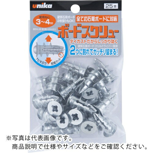 特長：下穴なしでも位置決めが簡単に行なえます。全ての石こうボードに対応します。2枚張り施工でも下穴は不要です。先端が壁の中で2つに割れてしっかりと固定されます。GL工法に使用可能です。一般に使用されるビスサイズ3〜4mmの2サイズに対応しま...