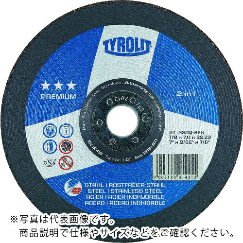 特長：TYROLIT社の三段階グレードのなかでも、最上位に位置する「プレミアム」ラインの製品です。鉄、ステンレス兼用で幅広いワークに対して、高い切断性能を発揮します。二層に分けた粒度の異なる砥粒で、荒削りと仕上げが一枚で可能です。用途：一般...