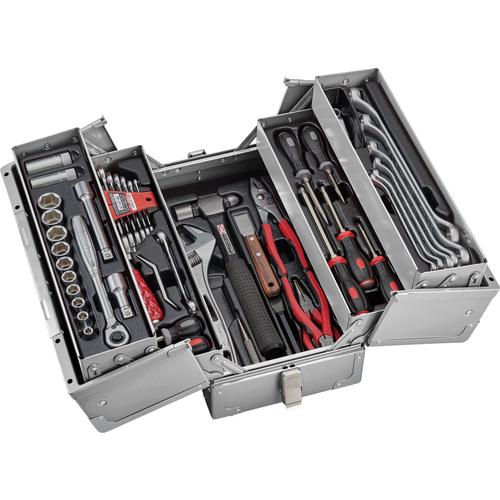 特長：自動車整備向けに欠かせない工具を厳選した工具セットです。天面フラットV形3段式メタルケース、全段プラスチックトレー付きです。用途：オートメカニック用。主に自動車の組み立て・整備に。他にもあらゆる分野で活躍しています。仕様：ケース色：シ...