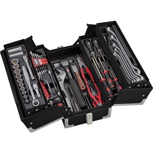 特長：自動車整備向けに欠かせない工具を厳選した工具セットです。天面フラットV形3段式メタルケース、全段プラスチックトレー付きです。用途：オートメカニック用。主に自動車の組み立て・整備に。他にもあらゆる分野で活躍しています。仕様：ケース色：マ...