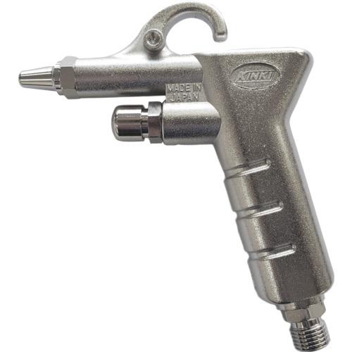 特長：ボタン式のスタンダードタイプです。用途：広範囲のダスト作業に。仕様：ノズル長(mm)：24ノズル口径(mm)：2ノズル取付口：G1/8エア取付口：G1/4全長(mm)：114使用流体：圧縮空気最高使用圧力：1MPa使用温度範囲：0〜6...