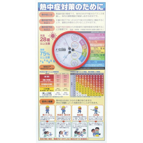 特長：熱中症についての症状と措置が一目でわかる温湿度付標識です。防雨型ですので屋外でも使用可能です。用途：熱中症対策と温度湿度の視認化に。仕様：表示内容：熱中症対策のために取付仕様：ビス・両面テープ（別売）縦(mm)：600横(mm)：30...