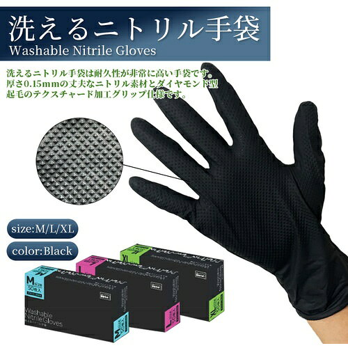 特長：繰り返し使用可能用途：食品調理、自動車整備、毛染め、清掃仕様：色：ブラックサイズ：M中指長さ(cm)：24厚さ(mm)：0.15すべり止め：エンボス加工食品衛生法：適合タイプ：粉無厚手材質／仕上：ニトリル　●メーカー取寄商品について ...